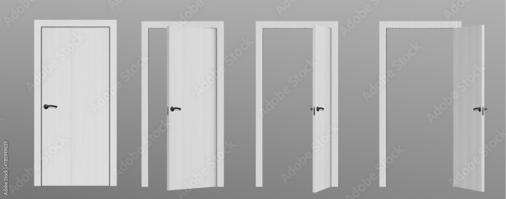 3d open and close white house or room door frame. Realistic ajar office ...