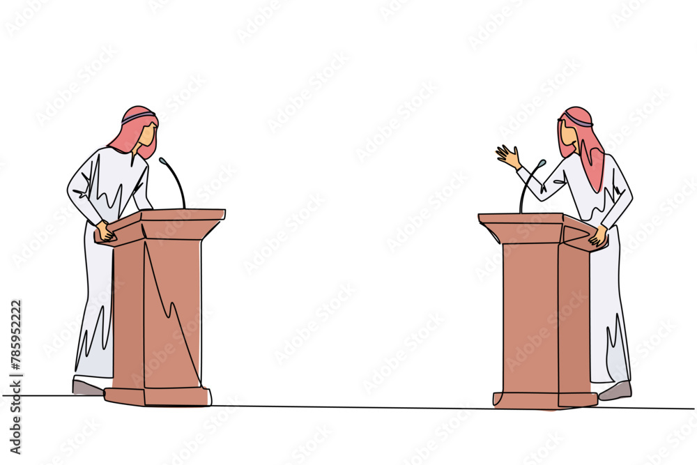 Single one line drawing two Arabian businessman arguing on podium ...