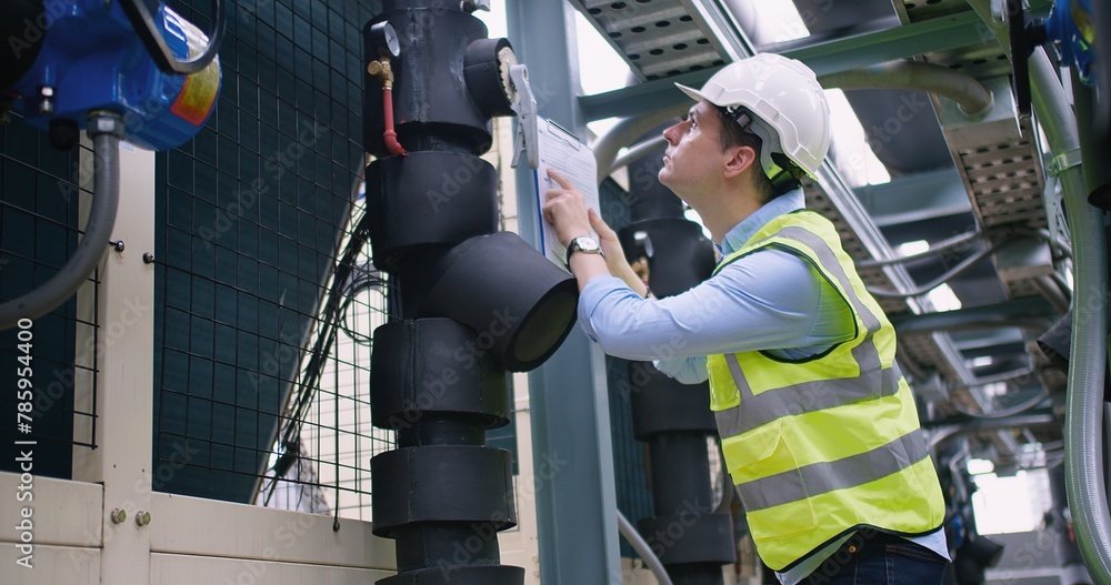 Civil engineer manager checking industry cooling air conditioner water ...