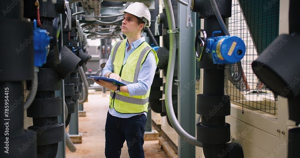 Civil engineer manager checking industry cooling air conditioner water ...