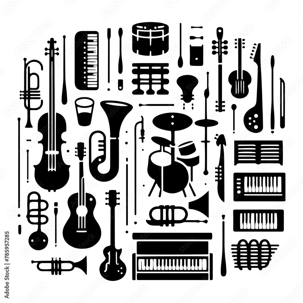 Melodic Shadows: Black Vector Silhouette of Musical Instruments ...