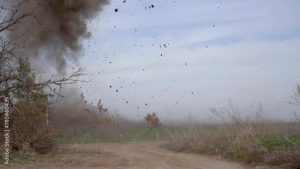 Explosion of an anti-tank mine in a field. Projectile hit. A bright ...
