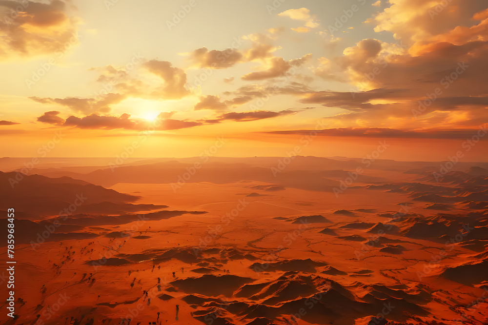 Desert hill under blue sky with golden sunlight like setting sun ...