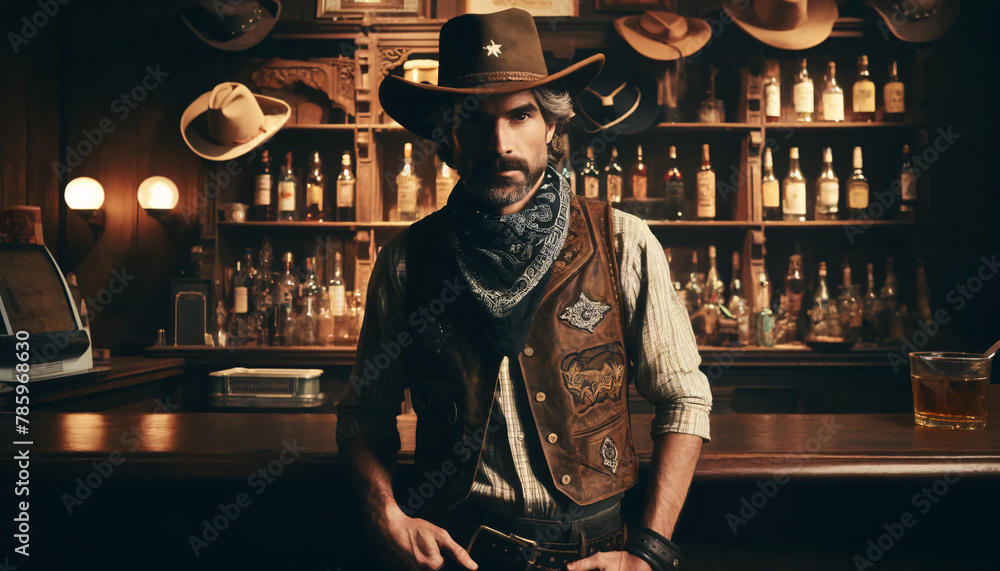 A rugged character standing confidently behind an old-fashioned bar in ...