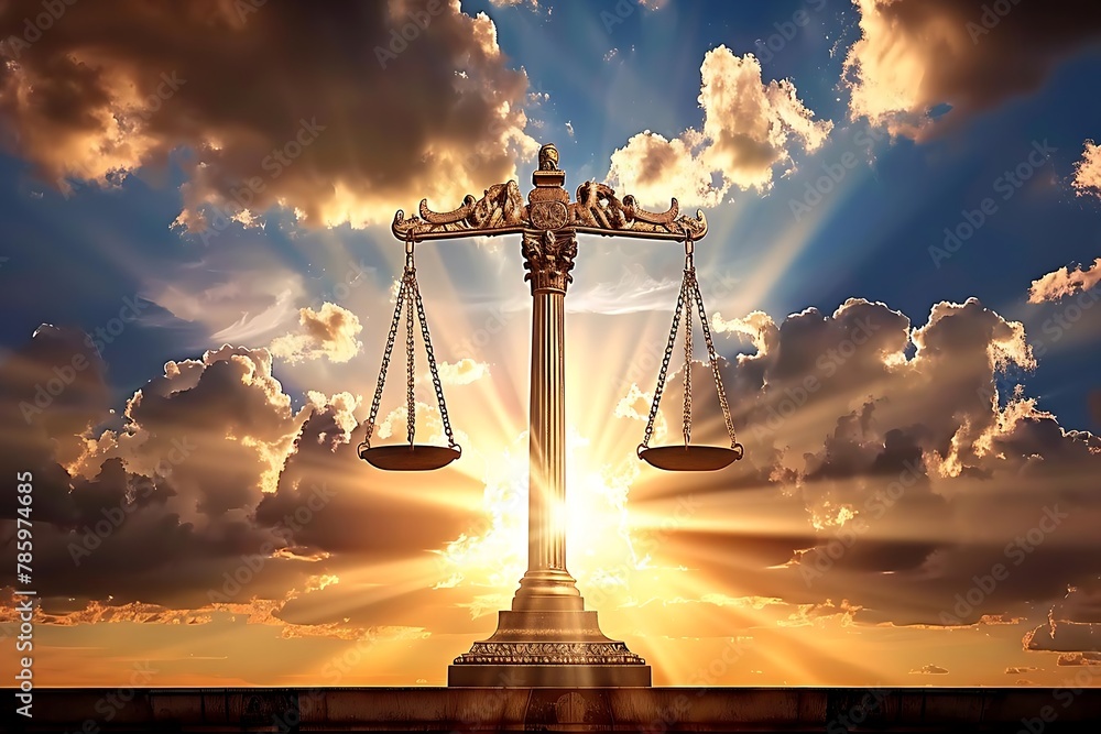 an awe-inspiring image of a balanced justice scale in front of a grand ...
