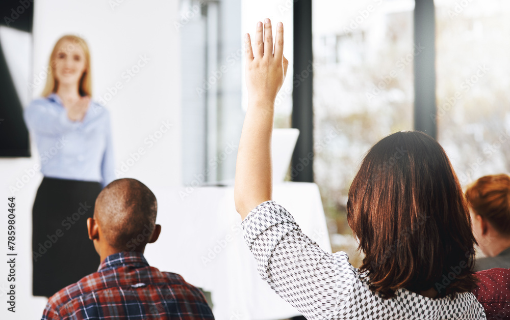 Presentation, question and business people at conference for corporate ...