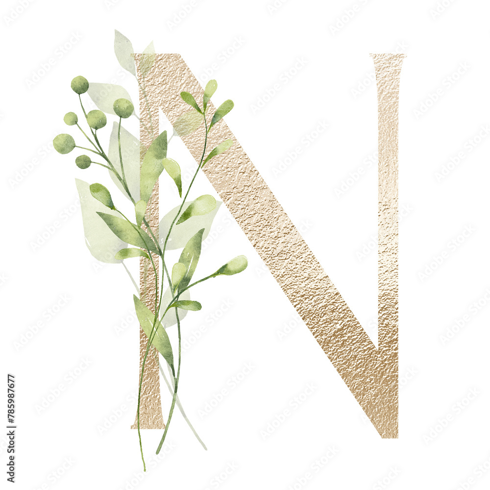 Gold letter N with watercolor leaves, leaf. Floral alphabet, golden ...