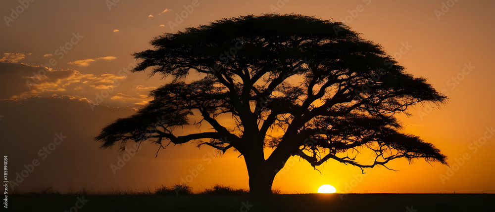Panorama silhouette tree in sunset. Tree silhouetted against a setting ...