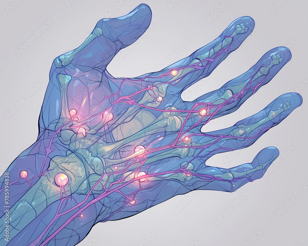 A graphic illustration of a human hands touch receptors, detailed with ...