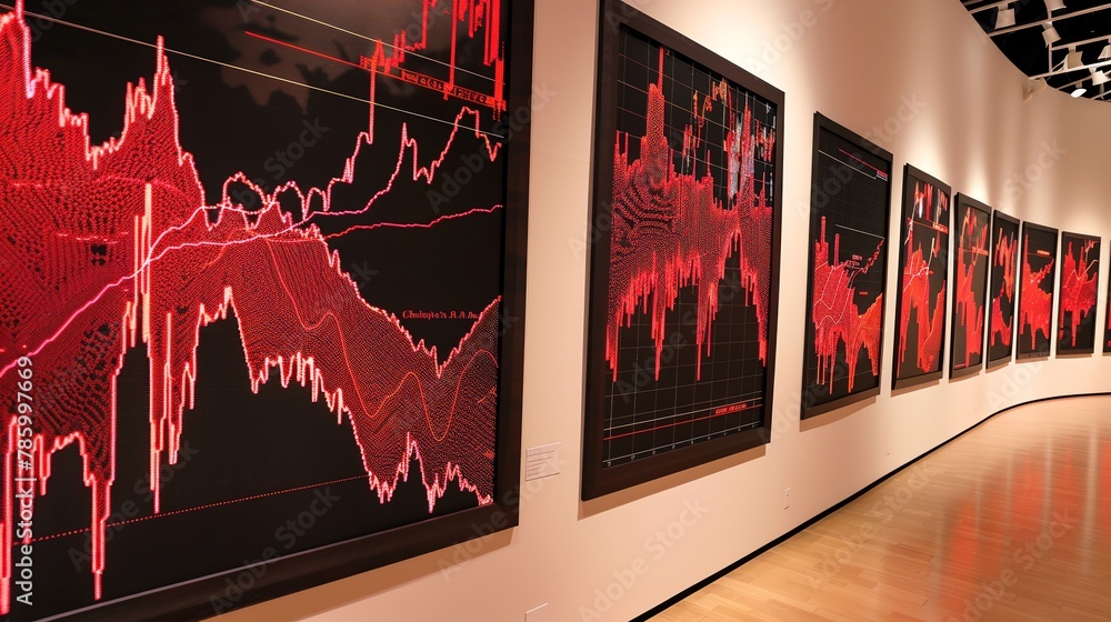 Arranges an artful display of stock charts in a gallery setting, with ...