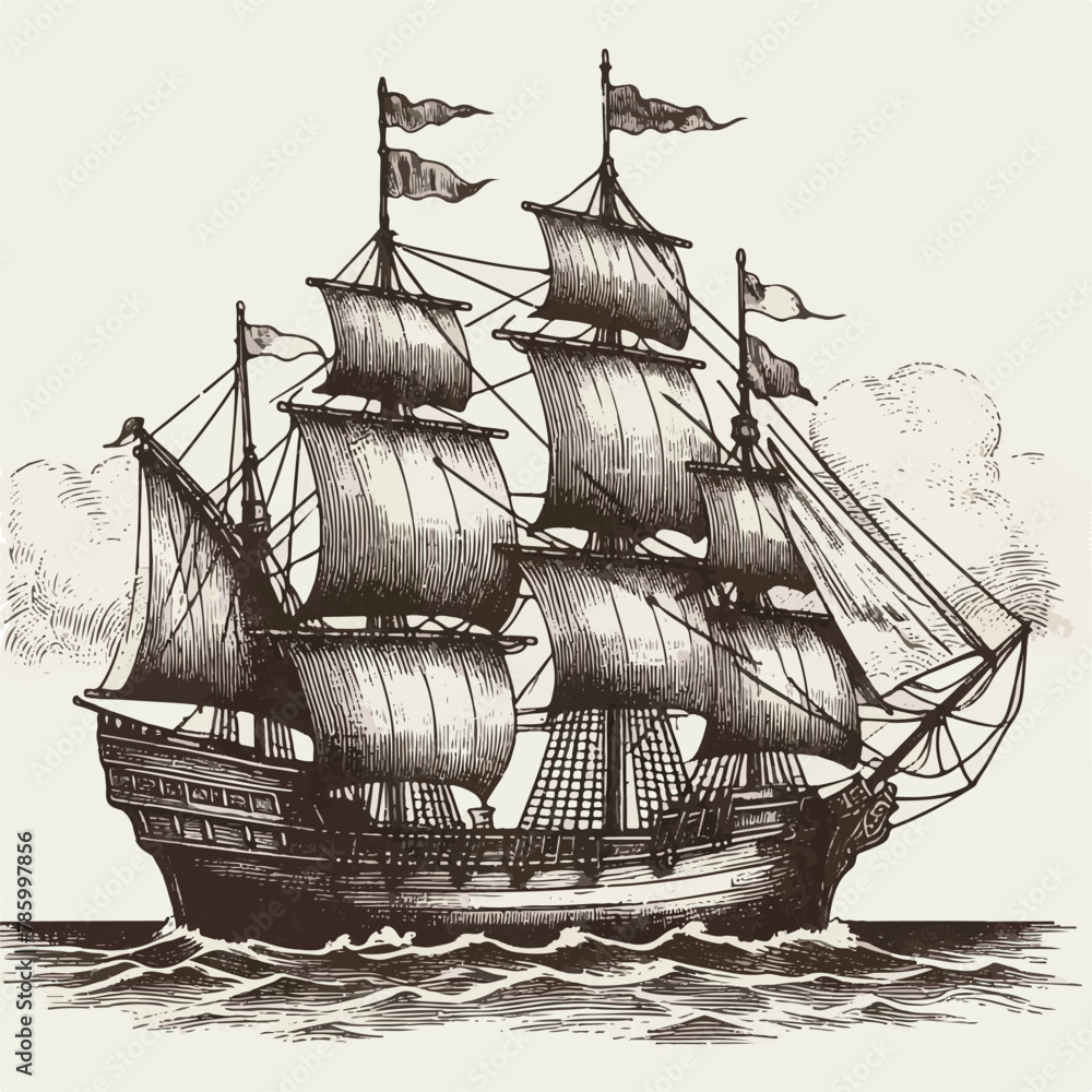 hand drawn ship old engraving vector illustration style. illustration ...