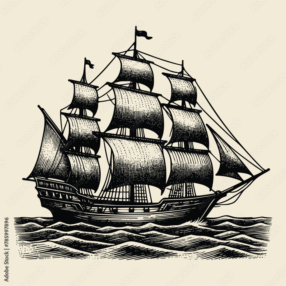 hand drawn ship old engraving vector illustration style. illustration ...