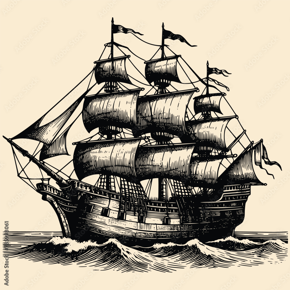 hand drawn ship old engraving vector illustration style. illustration ...