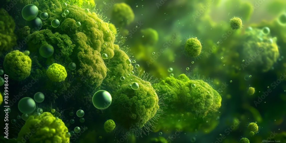 Detailed digital image of green microbes floating with bubbles ...