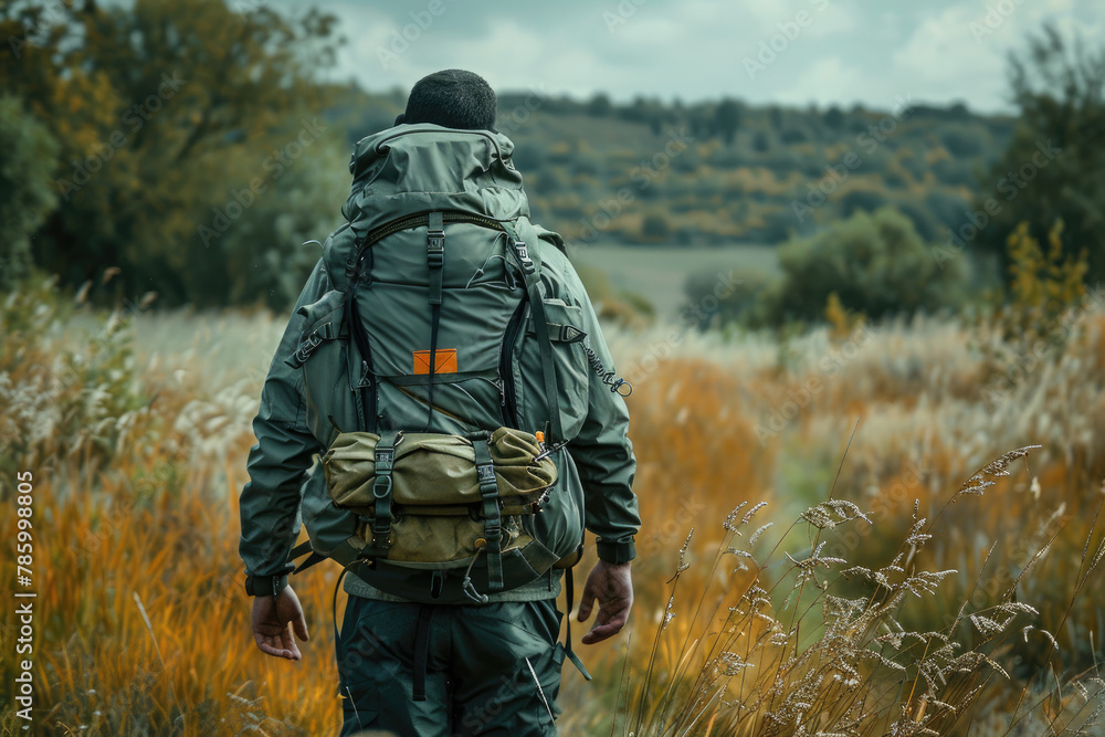 Rucking. Modern sport. Man walk around the forest with backpacks filled ...