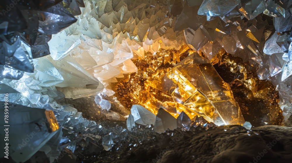 Showcases the gold element within a crystal cave, where its radiant ...