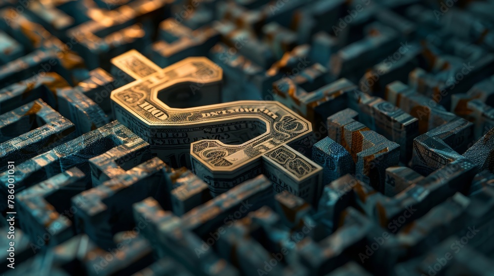A 3D rendering of a maze made of 100 dollar bills with a glowing golden ...