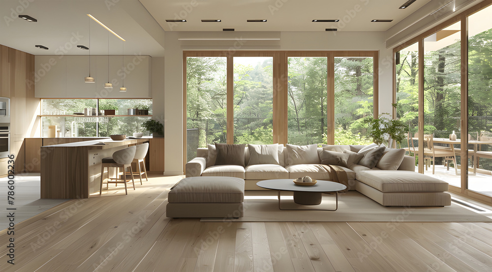 3d rendering of interior living space with wood floors and grey wood ai ...