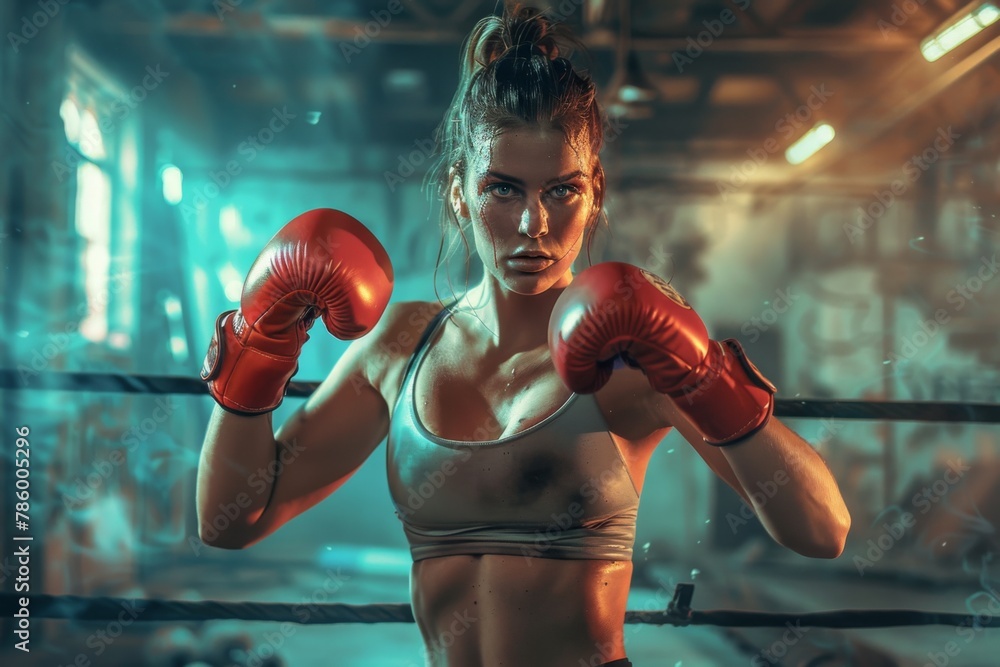 A female fitness model in classic red boxing gloves and matching sports ...