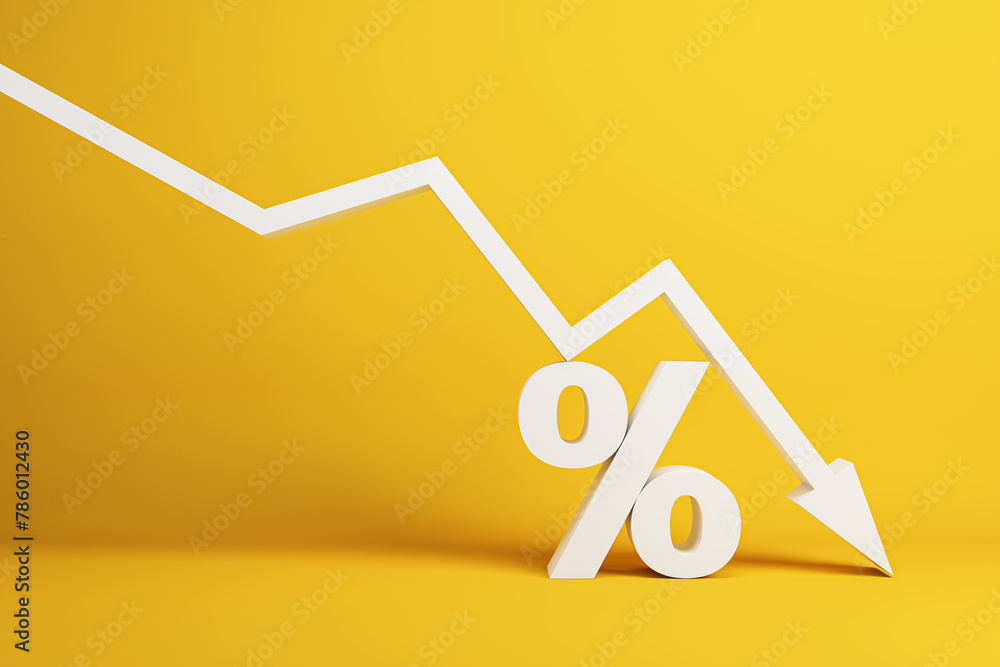falling white chart arrow with percent icon on yellow background ...