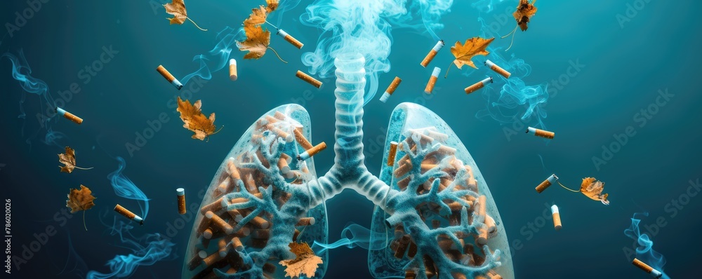 human lungs surrounded by lit cigarettes and smoke, symbolizing health ...