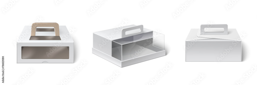 White carton box with plastic windows and handle. Realistic 3d vector ...