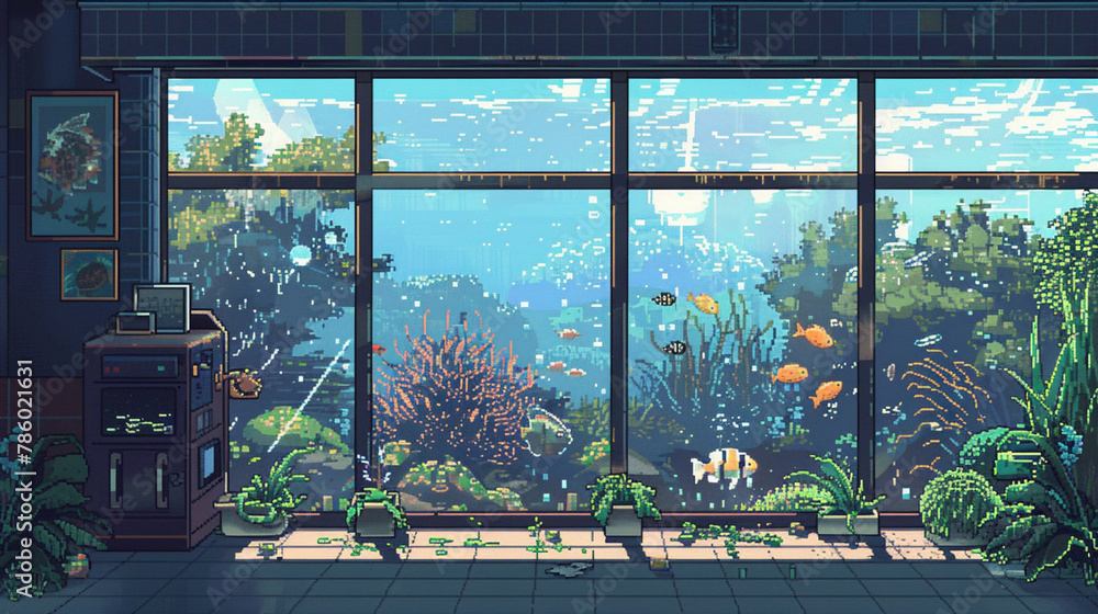 2d pixel art of underwater window view , aquarium , fish and coral,16 ...
