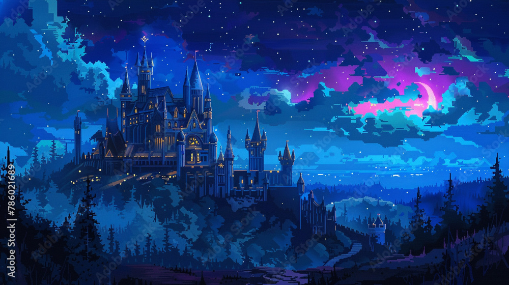 2d pixel art of scary castle on the hill at night , dracula castle , 16 ...