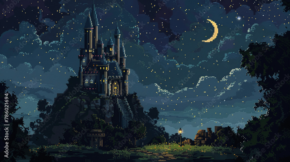 2d pixel art of scary castle on the hill at night , dracula castle , 16 ...