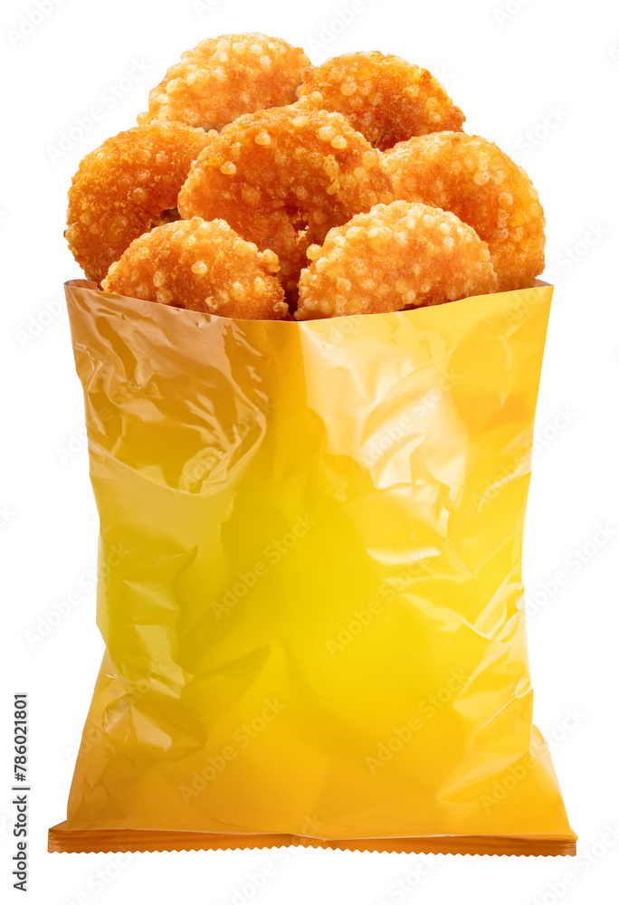 Fried Fish donuts in in yellowFoil bag isolated on white, Fried fish ...