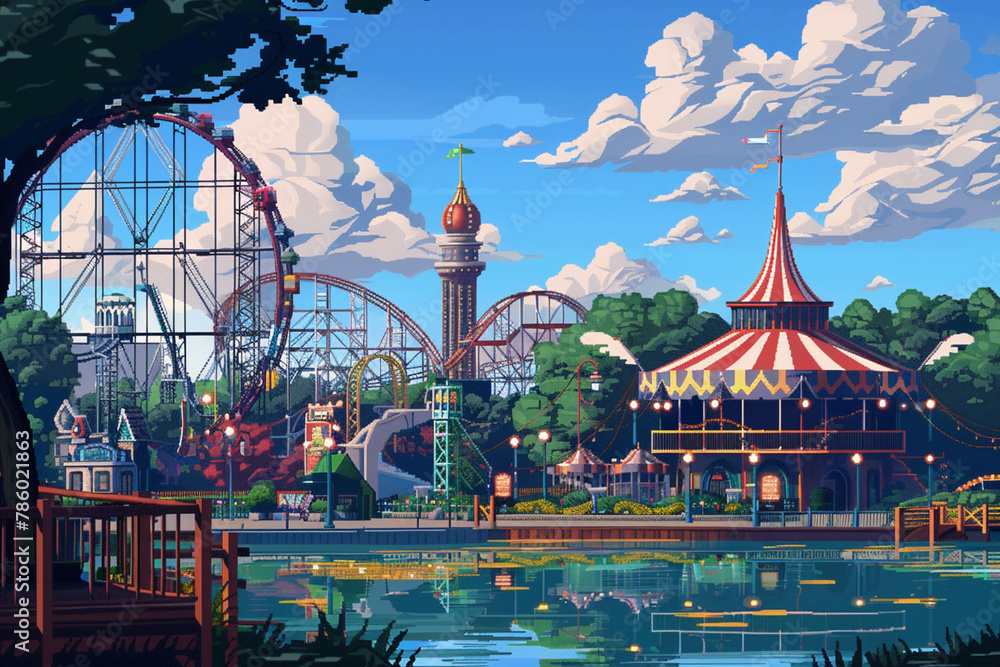 2d pixel art theme park, amusement ferris wheel,16 bit, 32 bit, game ...