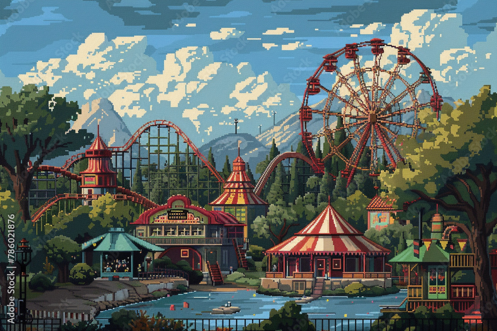 2d pixel art theme park, amusement ferris wheel,16 bit, 32 bit, game ...