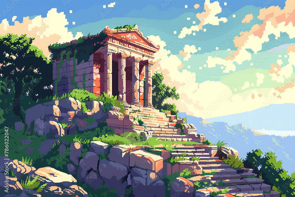 2d pixel art of abandoned ancient greek temple on the hill, Athena ...