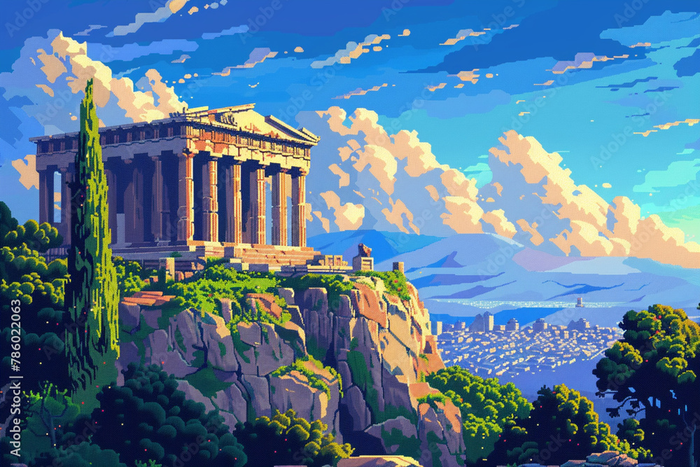 2d pixel art of ancient greek temple on the hill, Athena Parthenos,16 ...