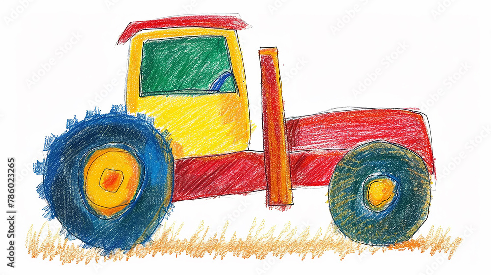 Multi-colored children's drawing of a tractor with colored pencils and ...