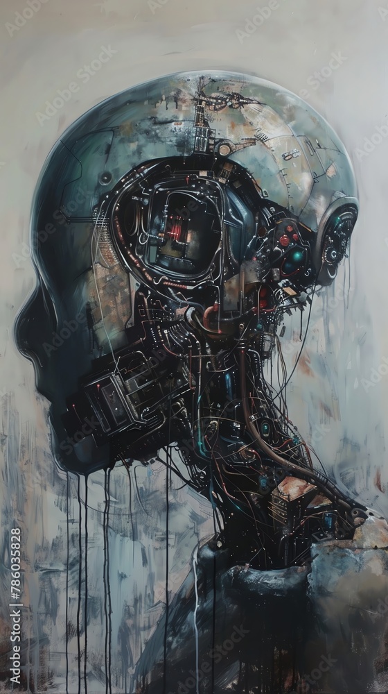 Portray a world where technology meets despair through a combination of ...