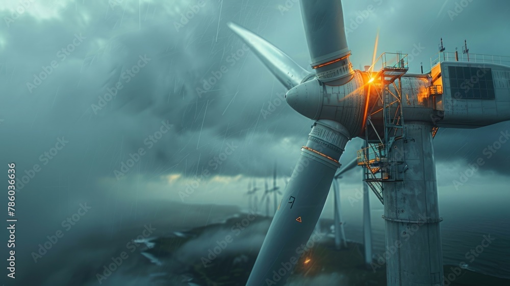 Close-up of a wind turbine blade against a stormy sky, highlighting the ...
