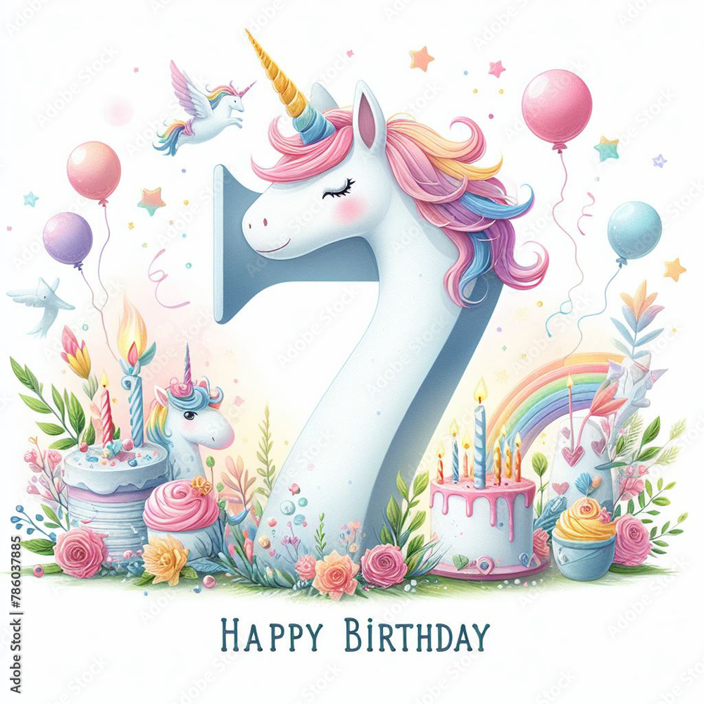 Sparkling Number 7: Unicorn Birthday Cards - seven birthday greeting ...