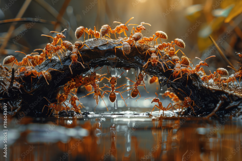 A macro photograph of a group of army ants on the move, forming a ...