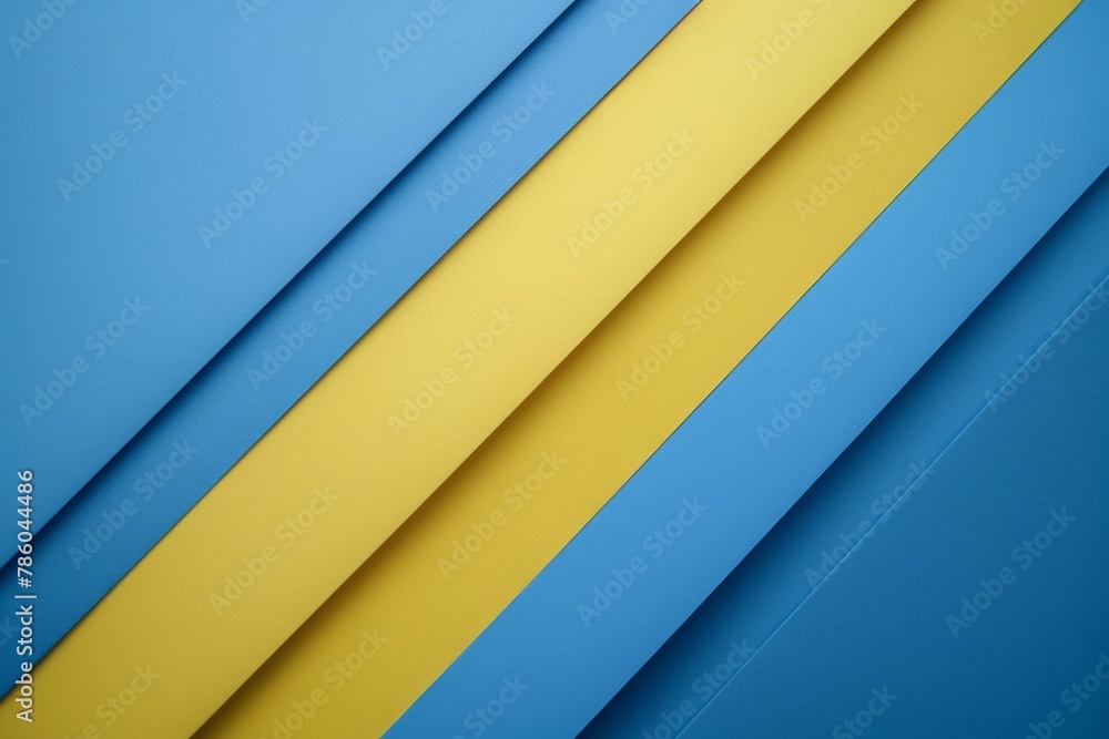 A backdrop with diagonal paper shapes in blue and yellow exhibits a ...