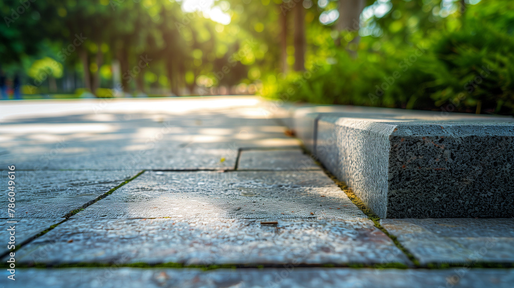Granite curb in outdoor park at summer, overgrown grass lawn and tree ...