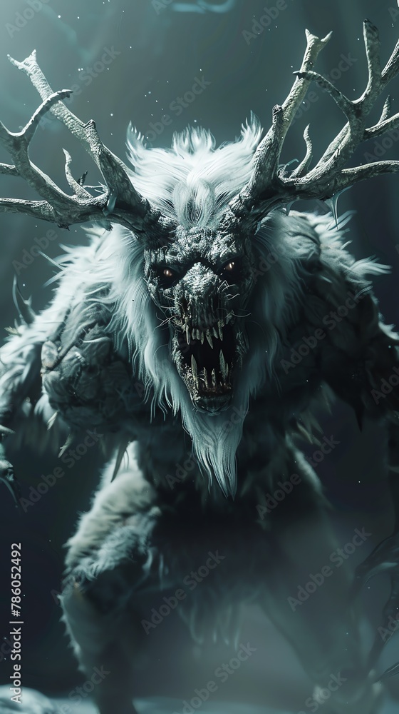 Illustrate the ominous presence of a Wendigo in a digital ...
