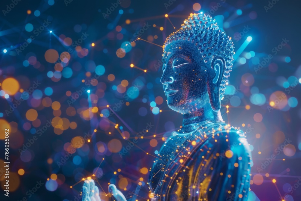 Buddha sculpture hologram style glowing with digital connections, ai ...