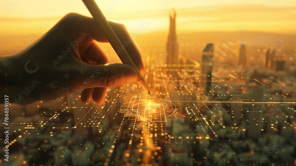 A hand with a pen draws a drawing and the architecture of the city. A ...
