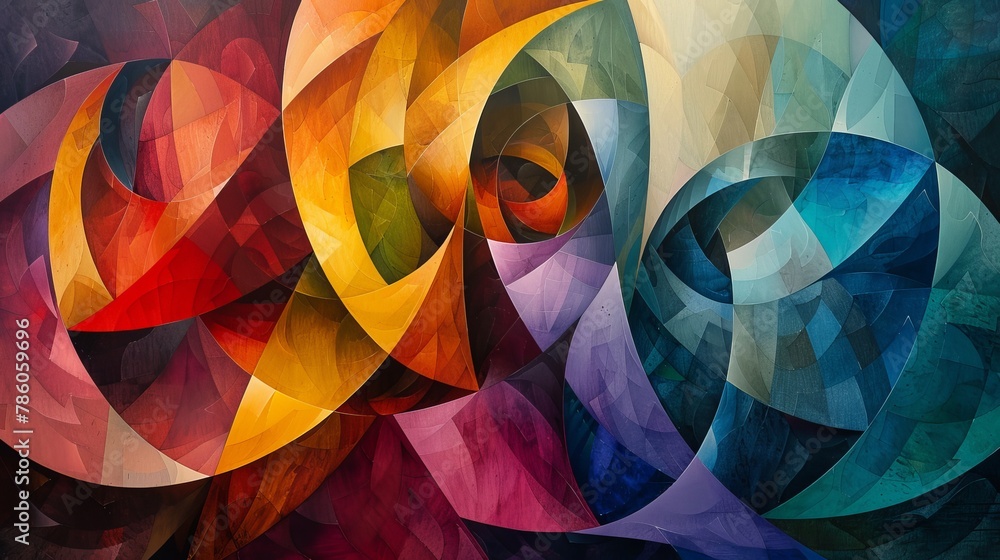 Imagine a vibrant canvas where 3D geometric forms intertwine, creating a kaleidoscope of colors ...