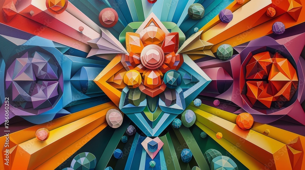 Imagine a vibrant canvas where 3D geometric forms intertwine, creating ...