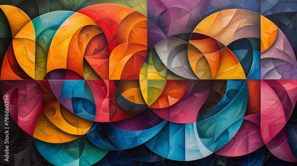 Imagine a vibrant canvas where 3D geometric forms intertwine, creating ...