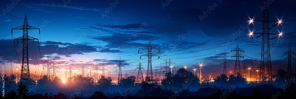 Power Grid at Blue Hour: High Voltage Towers Distributing Electricity ...