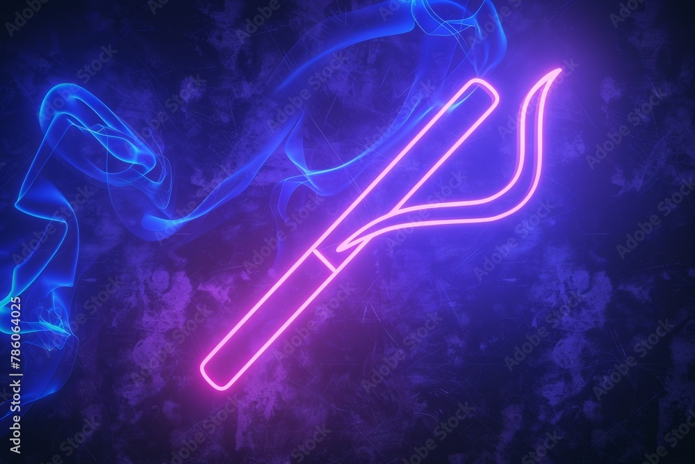 neon sign of a cigarette icon, blue purple color palette, dark ...