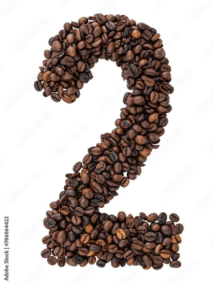 Number 2 made from roasted coffee beans on white isolated background ...